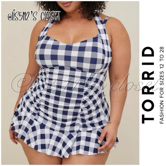 torrid | Swim | Torrid Navy Blue Gingham Retro Halter Ruched Wireless ...